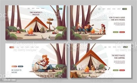 본질적으로 캠프장에 앉아있는 사람들과 웹 페이지 세트 여름 캠핑 여행 여행 하이킹 캠핑 자연 여행 개념 여름 캠프에 대한 스톡