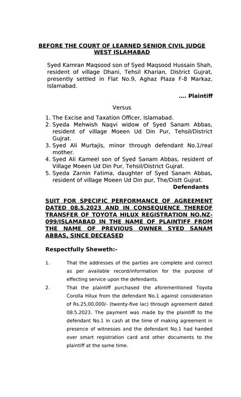 Syed Kamran Maqsood Specific Performance West Islamabad Syed Kamran