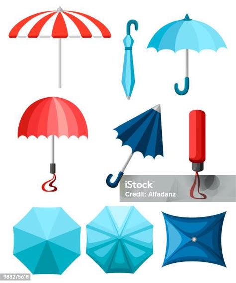 우산의 컬렉션입니다 평면 스타일 디자인입니다 다양 한 위치에 우산입니다 양산 열리고 찍은입니다 벡터 일러스트 레이 션 흰색 배경에 고립 0명에 대한 스톡 벡터 아트 및 기타