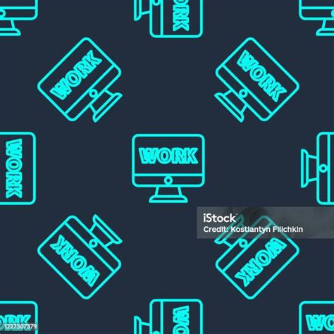 녹색 선 텍스트 작업 아이콘이있는 컴퓨터 모니터는 파란색 배경에 원활한 패턴을 격리 벡터 일러스트레이션 개념에 대한 스톡 벡터 아트 및 기타 이미지 Istock