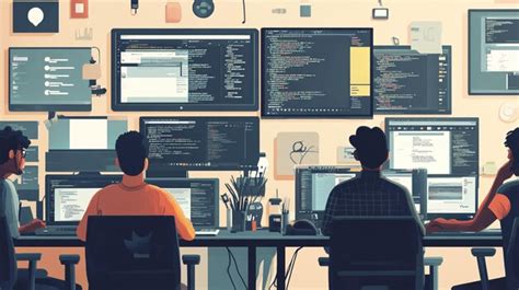 A Diverse Group Of Software Developers Coding On Multiple Screens With