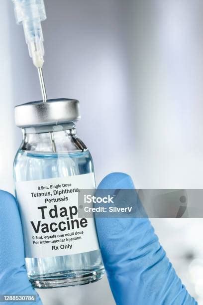 Tdap 파상풍 디프테리아 및 백일해 또는 백일해 백신 바이알 및 주사기 바늘을 들고 있는 파란색 의료 장갑을 손에 들고 있는 헬스케어 개념 건강관리와 의술에 대한 스톡