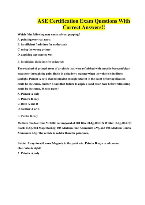 Ase Certification Exam Questions With Correct Answers Ase Certification Stuvia Us