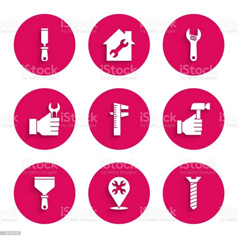 캘리퍼 또는 캘리퍼 및 스케일 렌치가 있는 위치 금속 나사 망치 퍼티 나이프 렌치 스패너 조정 가능한 및 Rasp 금속 파일 아이콘을 설정합니다 벡터 갈고리 발톱에 대한