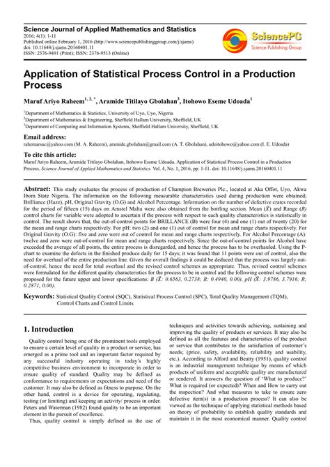 Pdf Application Of Statistical Process Control In A Production Process