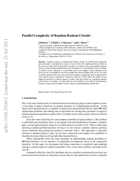 Pdf Parallel Complexity Of Random Boolean Circuits