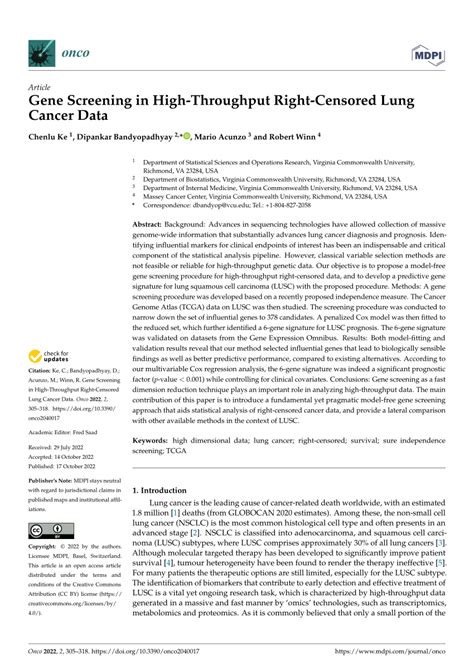 Pdf Gene Screening In High Throughput Right Censored Lung Cancer Data
