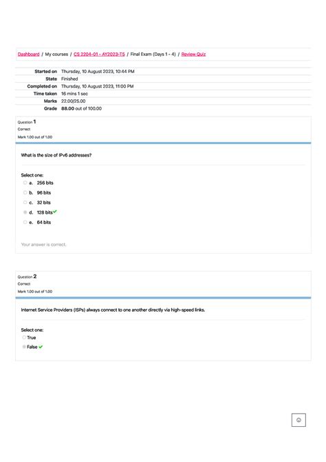 Review Quiz Attempt Review 1 Started On Thursday 10 August 2023 10 44 PM State Finished