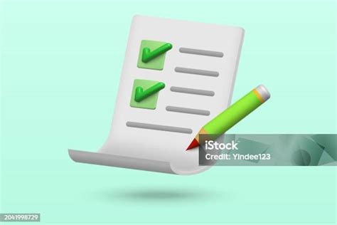 녹색 배경에 체크리스트 및 설문 조사 개념 연필과 메모장 아이콘 3d 벡터 일러스트 레이 션 디자인 체크리스트에 대한 스톡 벡터