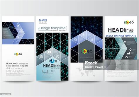 전단지 세트 현대 배너입니다 비즈니스 템플릿 표지 디자인 서식 파일 평면 레이아웃 가상 현실 색상 코드 스트림은 화면에 빛나는 기호와 추상적 인 기술 배경 가리기에 대한