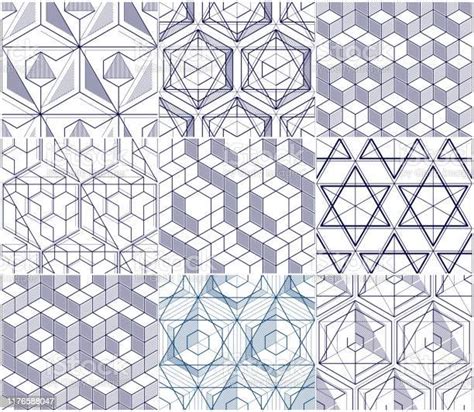 기하학적 라인 추상 원활한 패턴 세트 3d 벡터 배경 큐브 컬렉션 기술 스타일 엔지니어링 라인 그리기 끝없는 그림 3차원 형태에 대한 스톡 벡터 아트 및 기타 이미지