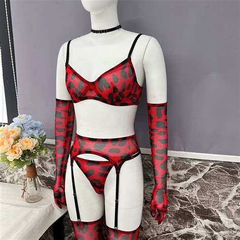 Leopard Lace Lingerie Set With Stockings And Gloves 6 Piece Exotic
