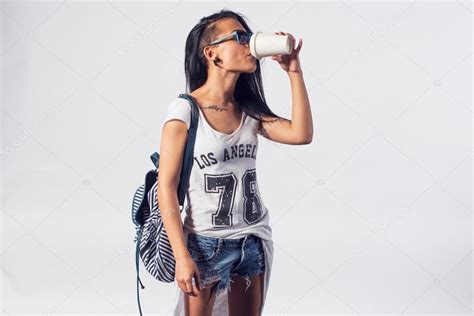 Stylish Girl Drinking Take Away Coffee Disposable Cup Urban Casual