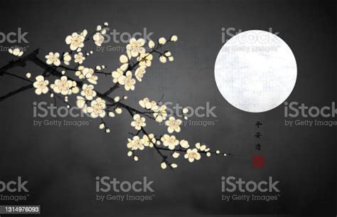 어두운 밤 하늘에 동양 벚꽃과 달의 꽃 가지 전통적인 동양 잉크 페인팅 스미e U죄 고화 사쿠라 매화 꽃 상형 문자 평화 평온 선명도 침묵 0명에 대한 스톡 벡터 아트 및