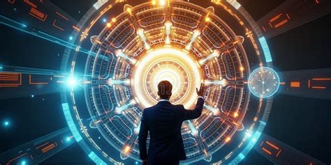 Businessman Looking At Futuristic Digital Circle Interface Technology Concept Stock