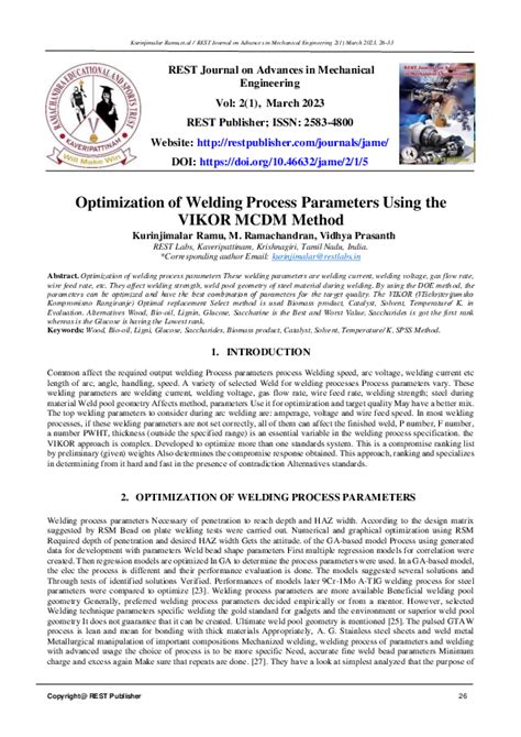 Pdf Optimization Of Welding Process Parameters Using The Vikor Mcdm Method