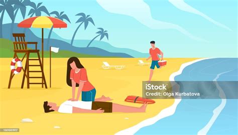 응급 처치 응급 지원 익사 상황 해변 인명 구조원은 간접 심장 마사지 해변에서 구급차 서비스를합니다 재애니메이션 및 소생 술 벡터 만화 개념 심폐소생술에 대한 스톡 벡터