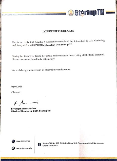 Anusha R On Linkedin Internship Startuptn Datagathering Analysis Learning Growth