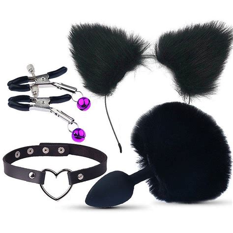 Kit Rabo De Coelho Com Tiara De Orelhas Grampos Para Os Seios Em