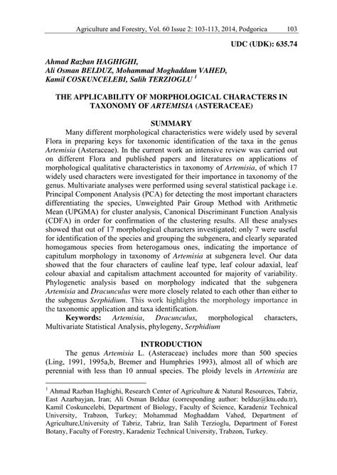 Pdf The Applicability Of Morphological Characters In Taxonomy Of Artemisia Asteraceae
