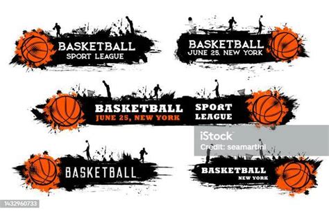 선수 실루엣이있는 농구 그런지 배너 농구 스포츠 리그 챔피언십 팀 토너먼트 또는 경쟁 발표 벡터 배너 공 선수 실루엣 및 페인트 스플래터 농구 팀 스포츠에 대한 스톡 벡터
