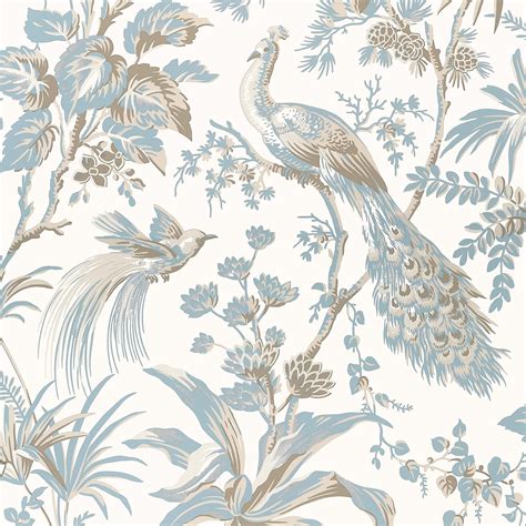 Anna French Peacock Toile Soft Blue And Beige Wallpaper Anna French