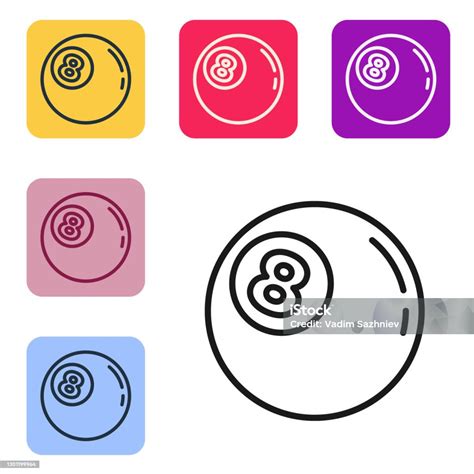 흰색 배경에 고립 된 숫자 8 아이콘블랙 라인 당구 풀 스누커 공 색상 정사각형 단추로 아이콘을 설정합니다 벡터 1에 대한 스톡