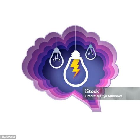 뇌와 번개 램프 종이 공예 스타일의 전구 창의력 시작 브레인 스토밍 사업을위한 종이 접기 전기 전구 보라색 레이어프레임을