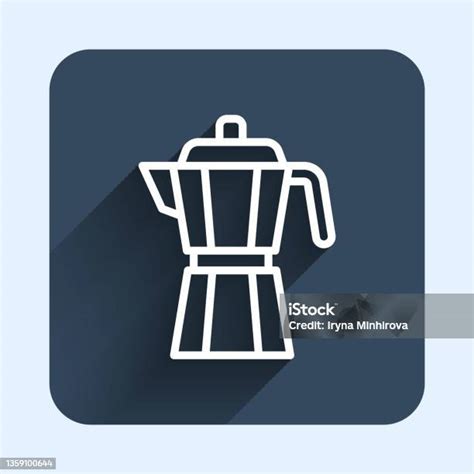 화이트 라인 커피 메이커 모카 냄비 아이콘 긴 그림자 배경으로 격리 파란색 정사각형 버튼 벡터 개념에 대한 스톡 벡터 아트 및 기타 이미지 Istock