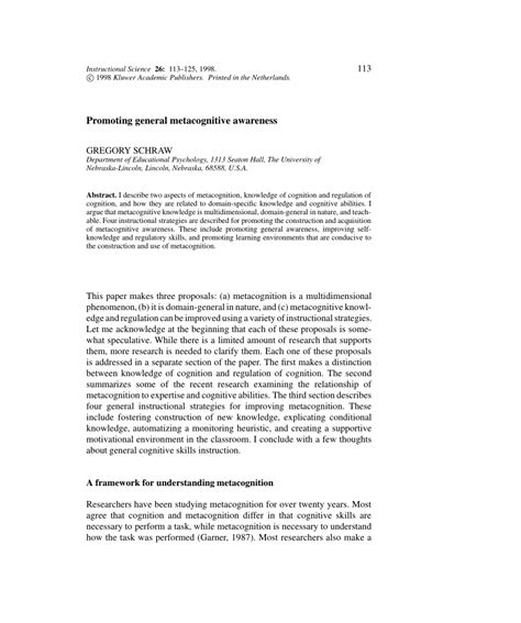 Pdf Promoting General Metacognitive Awareness