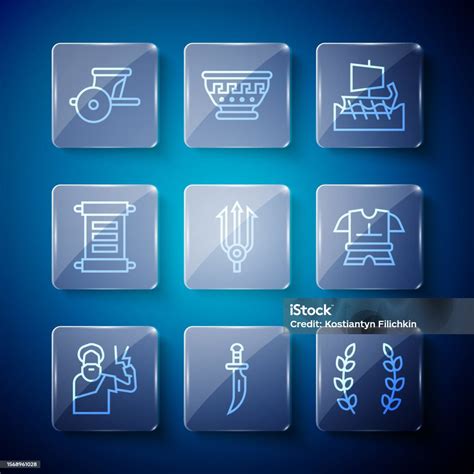 세트 라인 제우스 단검 월계관 그리스 삼륜선 해왕성 삼지창 법령 양피지 두루마리 고대 전차 및 방탄복 아이콘 벡터 0명에 대한 스톡 벡터 아트 및 기타 이미지 Istock