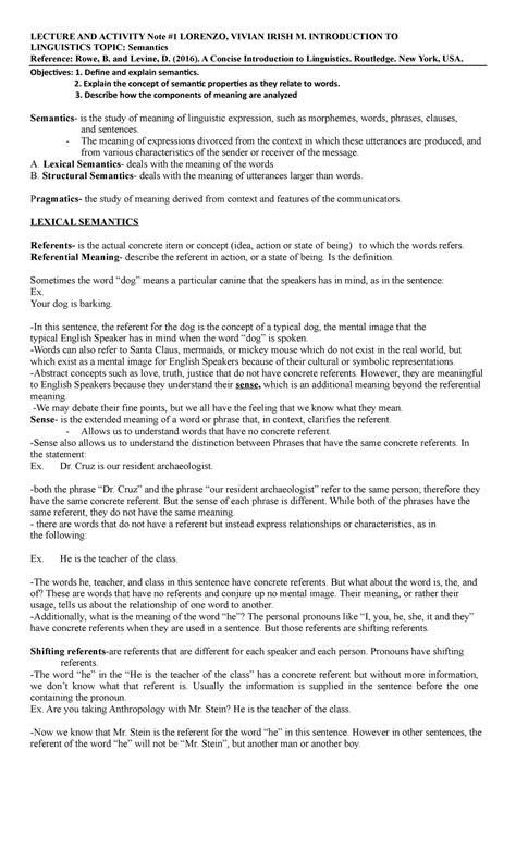 Lecture Note 1 Semantics Lecture And Activity Note 1 Lorenzo Vivian