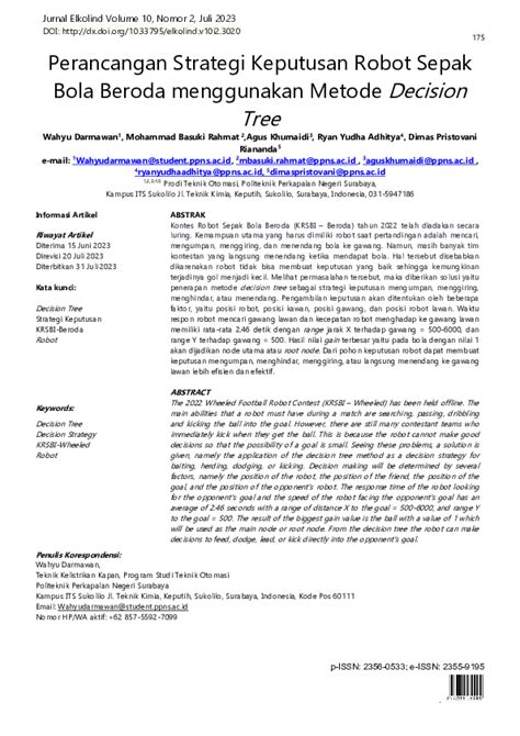 Pdf Perancangan Strategi Keputusan Robot Sepak Bola Beroda Menggunakan Metode Decision Tree
