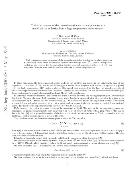 Pdf Critical Exponents Of The Three Dimensional Classical Plane Rotator Model On The Sc