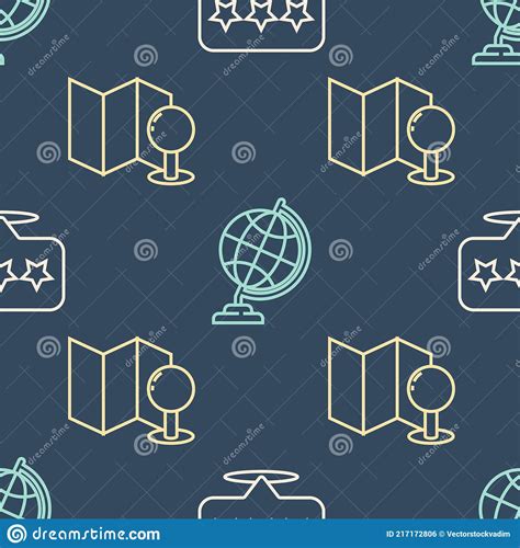 Set Line Map Pointer With Star Folded Map With Push Pin And Earth Globe On Seamless Pattern