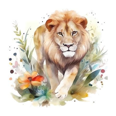 Pintura Em Aquarela De Um Leão Com Flores E Folhas Vetor Premium