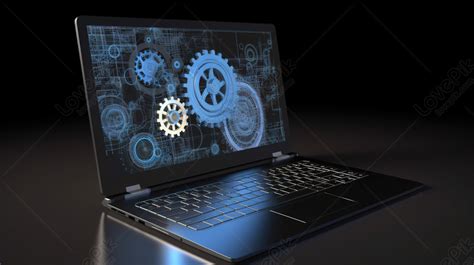 시스템 유지 관리 프로그램 업데이트 및 웹 복구 개념을 위한 3d 기어 및 전구 디자인을 갖춘 혁신적인 노트북 로그 배경 혁신 개념 배경 시스템 배경 이미지 Hd
