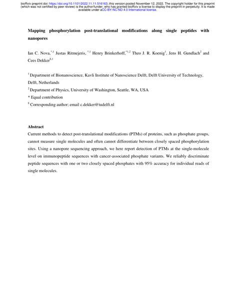 Pdf Mapping Phosphorylation Post Translational Modifications Along Single Peptides With Nanopores