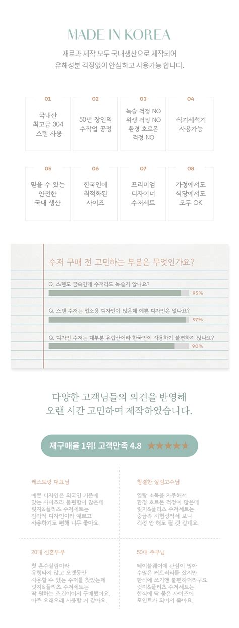 국내산 프리미엄 카모메키친 릿지 스텐 숟가락 젓가락 수저세트 한샘