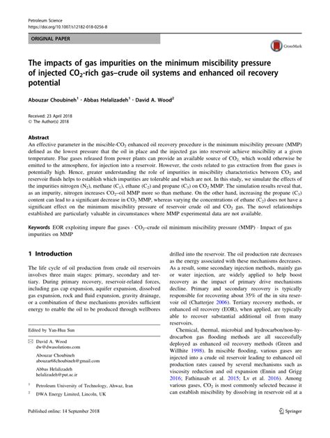 Pdf The Impacts Of Gas Impurities On The Minimum Miscibility Pressure Of Injected Co2 Rich Gas