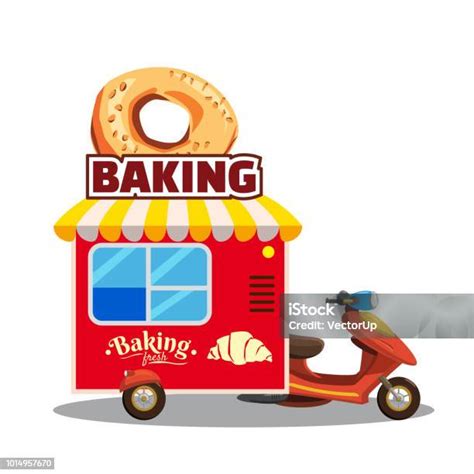 베이커리 길거리 음식 캐 러 밴 트레일러 트럭 신선한 빵 고기 버 게 트 빵 꽈 배기 크로 반 귀 엽 고 흰색 바탕에 화려한 그림입니다 만화 스타일 벡터 절연 3차원 형태에