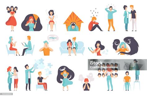 심리적 장애로 고통받는 사람들 정서적 소진 우울증 양극성 계절성 영향 강박장애 정신 건강 개념 플랫 벡터 사람들에 대한 스톡 벡터 아트 및 기타 이미지 Istock