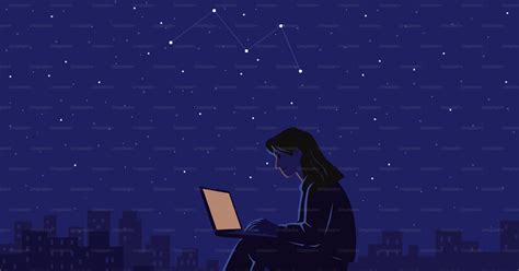 여자는 별이 빛나는 하늘 아래에서 노트북으로 작업합니다 벡터 Unsplash의 도시 이미지