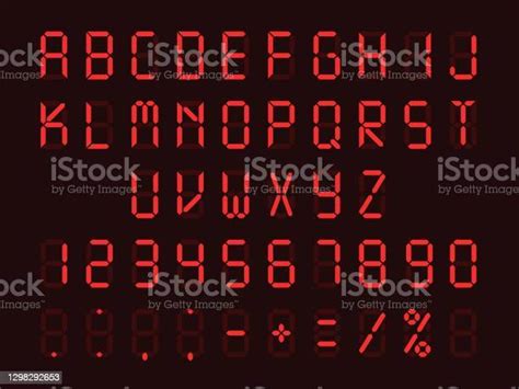 디지털 디스플레이 글꼴입니다 검은 배경 전자 시계 또는 네온 서체 컬렉션에 고립 된 빨간색 조명 문자 숫자 및 표지판 빛나는 영어 알파벳 벡터 Abc 세트 계산기에 대한