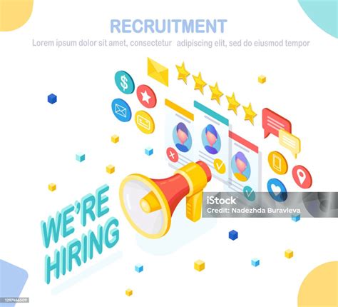 모집 3d 등가성 메가폰 불혼 Cv 이력서 폴더 음성 거품이 있는 라우드 스피커 인사 직원 채용 면접 배너용 벡터 디자인 3차원 형태에 대한 스톡 벡터 아트 및 기타 이미지