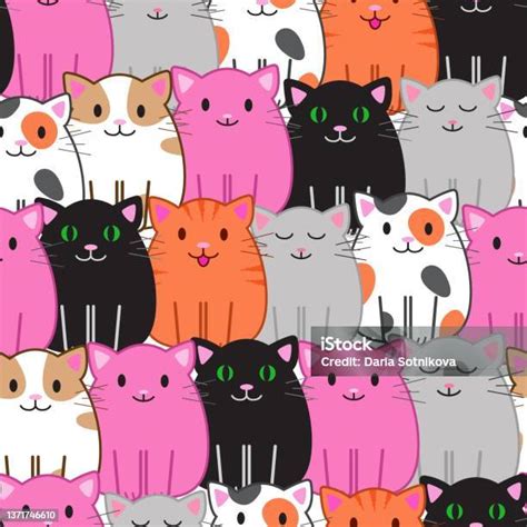 재미있는 만화 고양이와 원활한 패턴 만화 플랫 스타일로 귀여운 일러스트 섬유 포장지 어린이 옷 보육 디자인 및 장식용 인쇄물 0