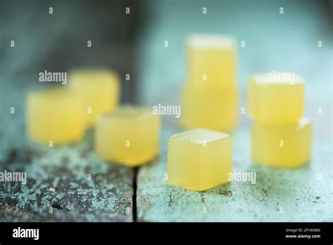 Vegan Sweets Homemade Agar Jelly Cubes On Shabby Rustic Background