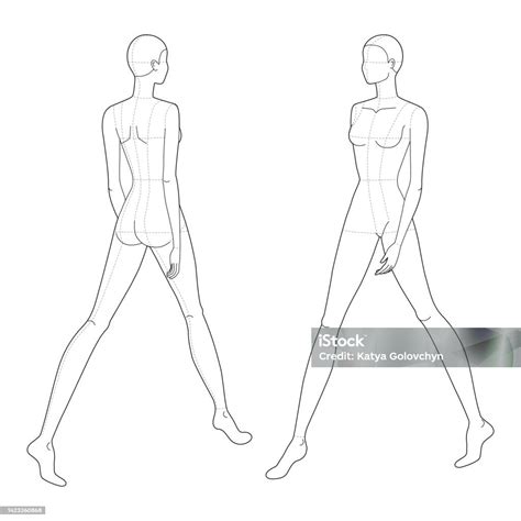 워킹 여성 패션 템플릿 9 아홉 머리 크기의 여성 기술 도면을위한 메인 라인 레이디 피겨 앞 34 후면보기 벡터 고립 된 윤곽선 스케치 소녀 패션 스케치 및 일러스트 레이