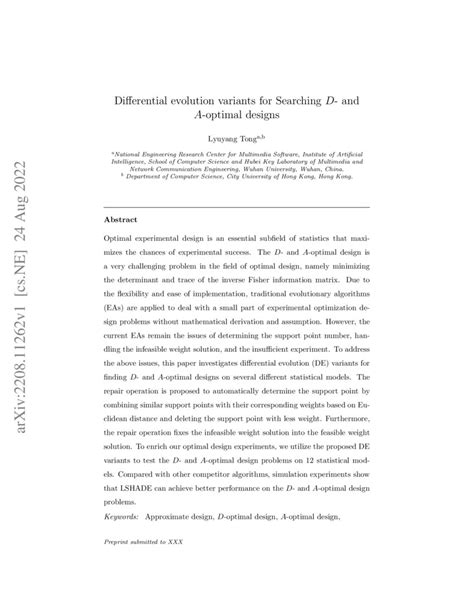 Differential Evolution Variants For Searching D And A Optimal Designs Deepai