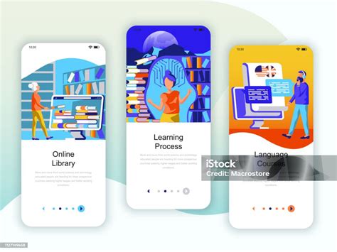 도서관 학습 언어 과정 모바일 응용 프로그램 서식 파일에 대 한 온 보 딩 스크린 사용자 인터페이스 키트 세트 디자인에 대한 스톡 벡터 아트 및 기타 이미지 Istock